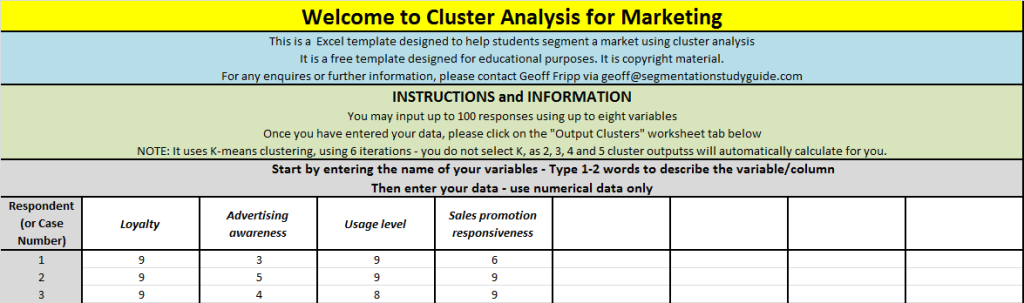 Guide to using the free template - Cluster Analysis 4 Marketing