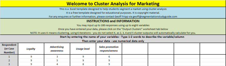 Guide to using the free template - Cluster Analysis 4 Marketing